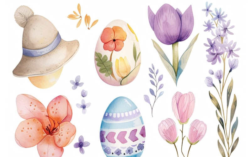 Colourful Watercolour Decorative Easter Egg & Spring Flower 193