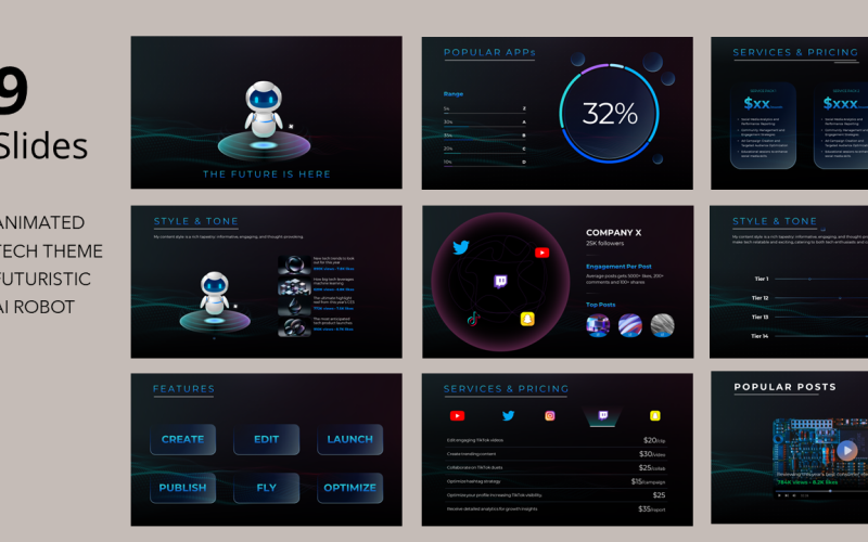AI robotik animasyonlu PPT powerpoint destesi şablon slaytları