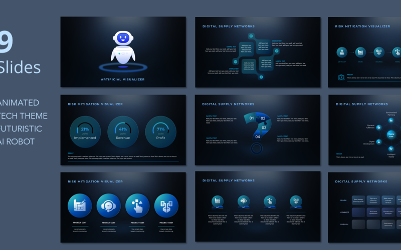 Ai Robot PPT Pitch Deck-Vorlage mit animierten Folien und dunklem Design