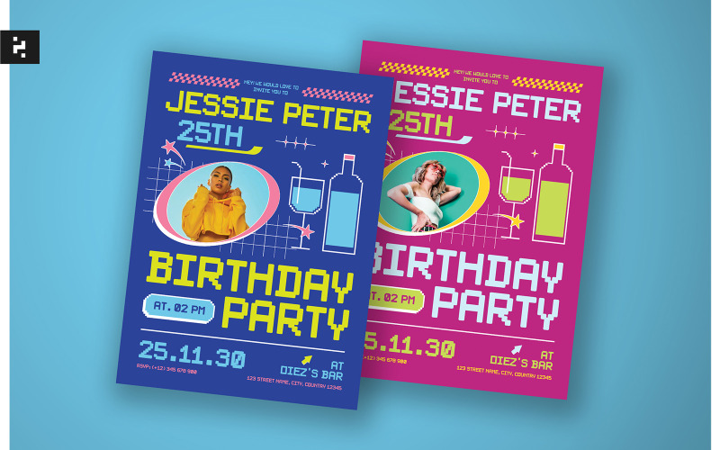 Convite Aniversário Pixel Rosa Azul Y2K - TemplateMonster