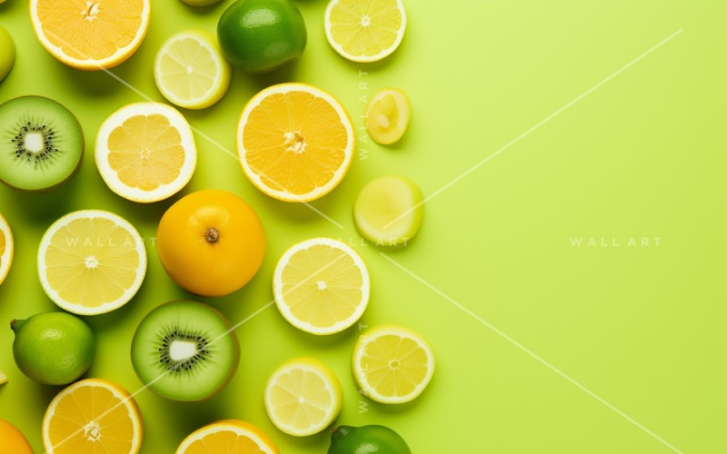 Fondo de frutas cítricas plano sobre fondo verde 1