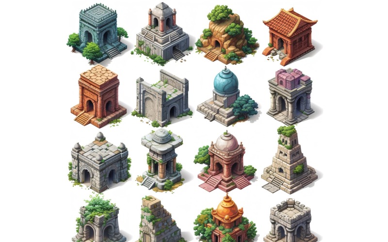 Fantasy temple Set of Video Games Assets Sprite Sheet White background 1