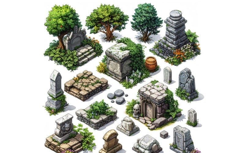 Monestary with graveyard Set of Video Games Assets Sprite Sheet 3