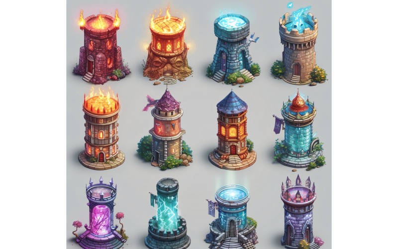 Mage towers with lightening Set of Video Games Assets Sprite Sheet 202
