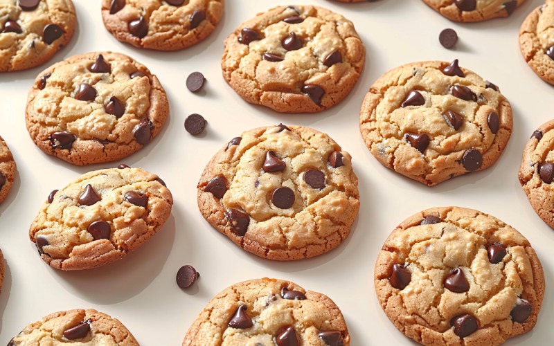 Chocolate chip cookies collage on half white background 68
