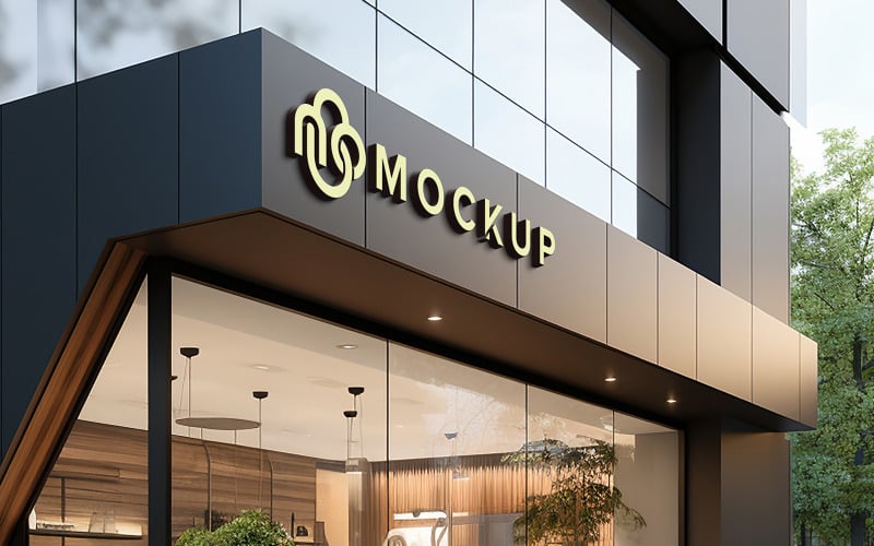 Realistic 3d sign logo mockup on shop front building corporate business ...
