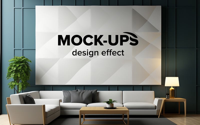 3d wall sign board indoor black logo mockup with sofa