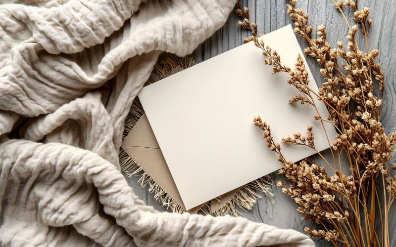 White Paper Card & Envelope Flat Lay On Dried Flowers 194