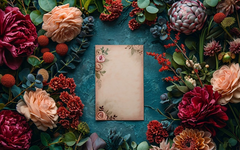 White Paper Flat Lay Flowers Card Mockup 375