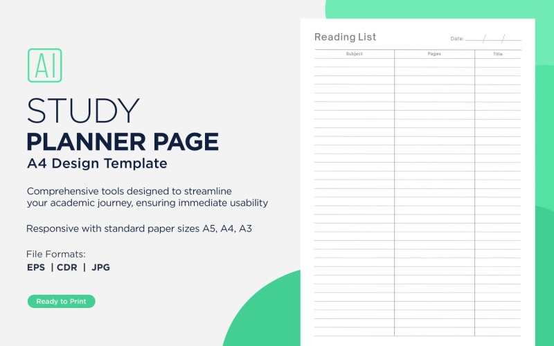 Reading List Study Planning Page, Planner Sheet, Design Template 08