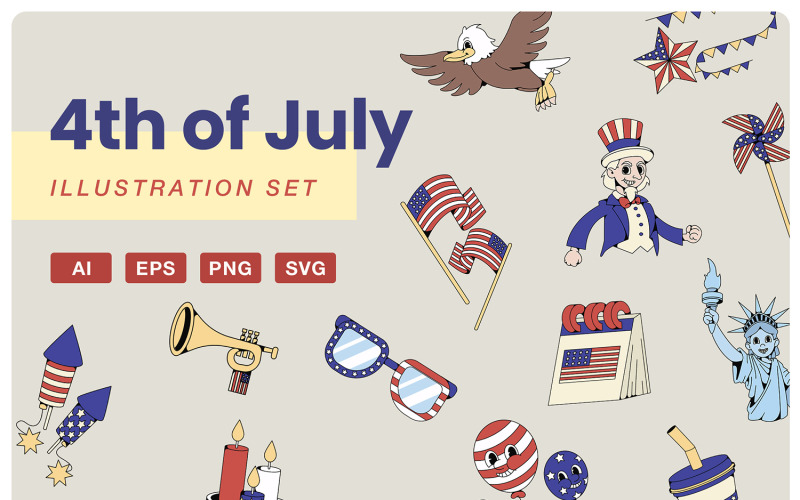 Retro 4th of July Illustration Set #430385 - TemplateMonster