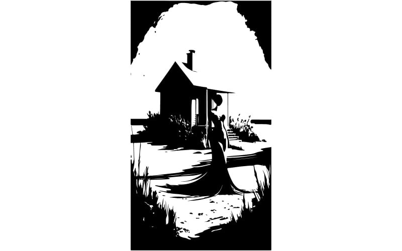 Girl and House draw silhouette vector art illustration design