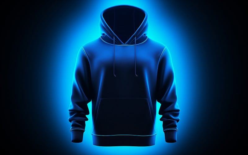 Hanging blank blue hoodie on the neon action_premium blank hoodie with neon