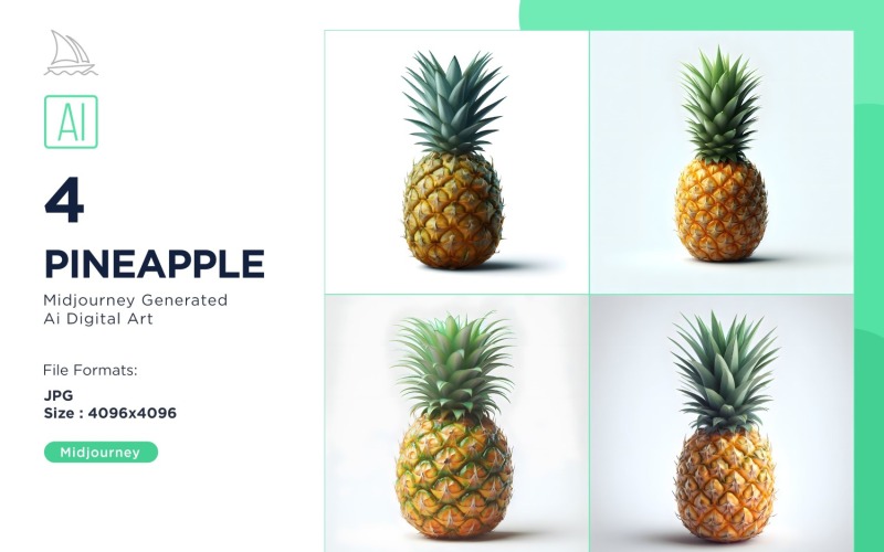 Fresh 4 Pineapple fruit with green leaves isolated on white background Set