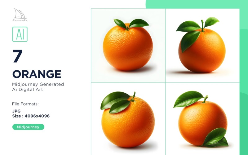 Fresh 7 Orange fruit with green leaves isolated on white background Set