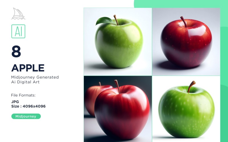 Fruta fresca de 8 manzanas con hojas verdes aisladas sobre fondo blanco.