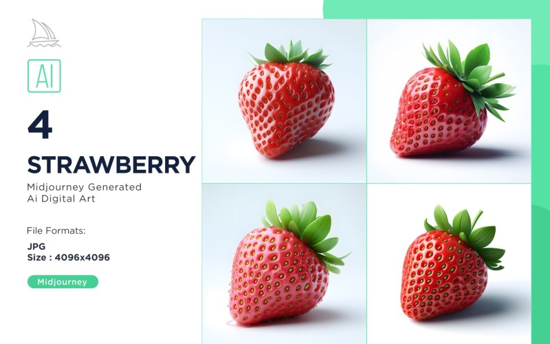 4 fresas frescas con hojas verdes aisladas sobre fondo blanco