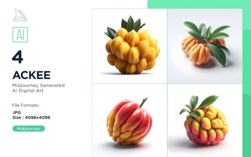 Fresh 4 Ackee fruit with green leaves isolated on white background Set