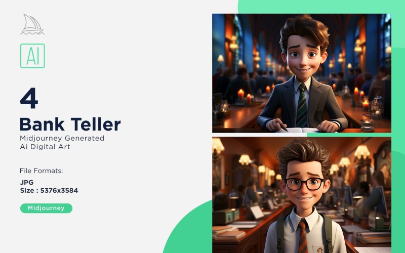 3D Pixar Character Child Boy Bank_Teller with relevant environment 4_Set