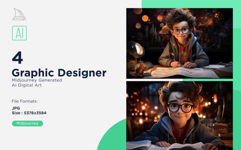 3D Pixar Character Child Boy Graphic_Designer with relevant environment ...