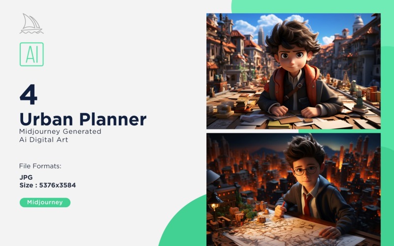 3D Pixar Character Child Boy Urban_Planner with relevant environment 4_Set