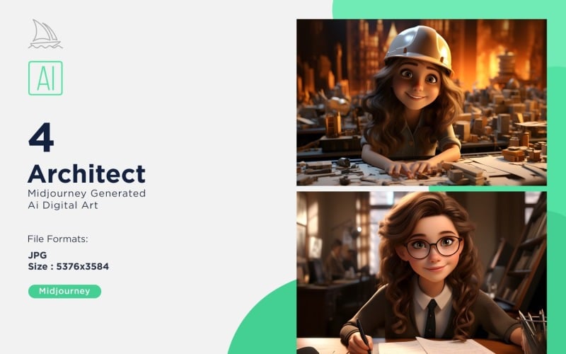 3D Pixar Character Child Girl Architect with relevant environment Set