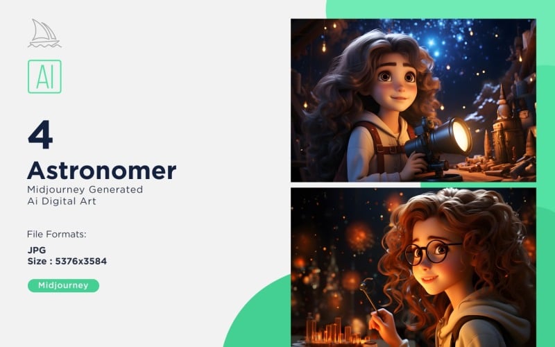 3D Pixar Character Child Girl Astronomer with relevant environment Set