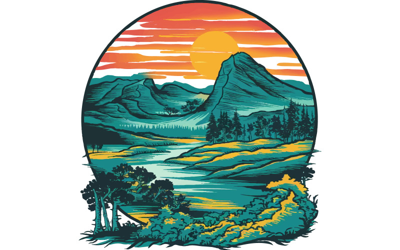Mountain and sun vector art illustration draw