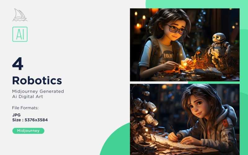 3D Pixar Character Child Girl Robotics with relevant environment Set