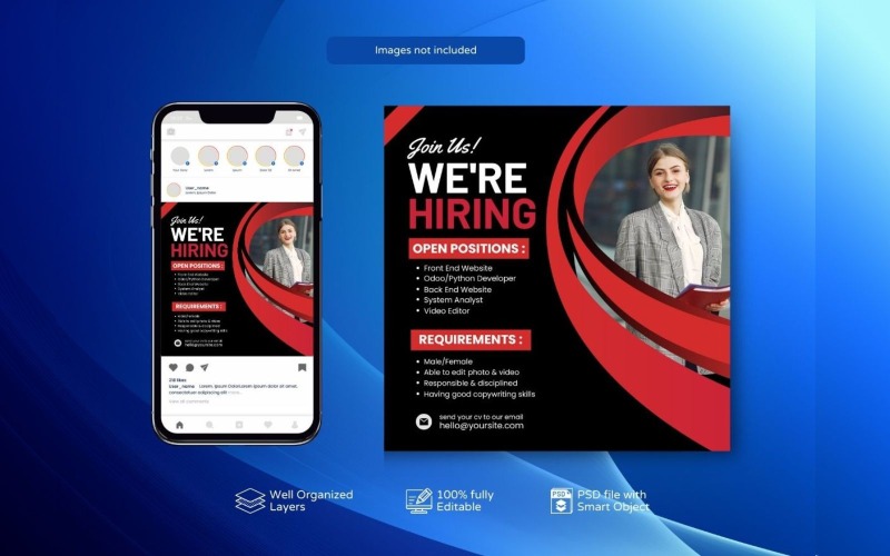 Red Hiring Job Vacancy: Square Banner Template PSD