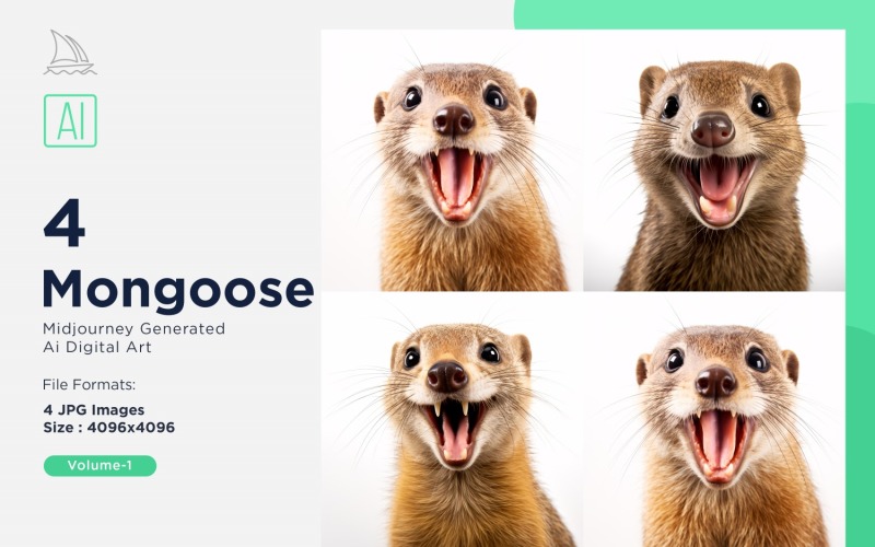 Mongoose funny Animal head peeking on white background Set