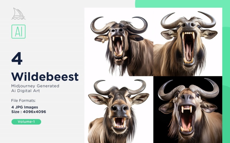 Wildebeest funny Animal head peeking on white background Set
