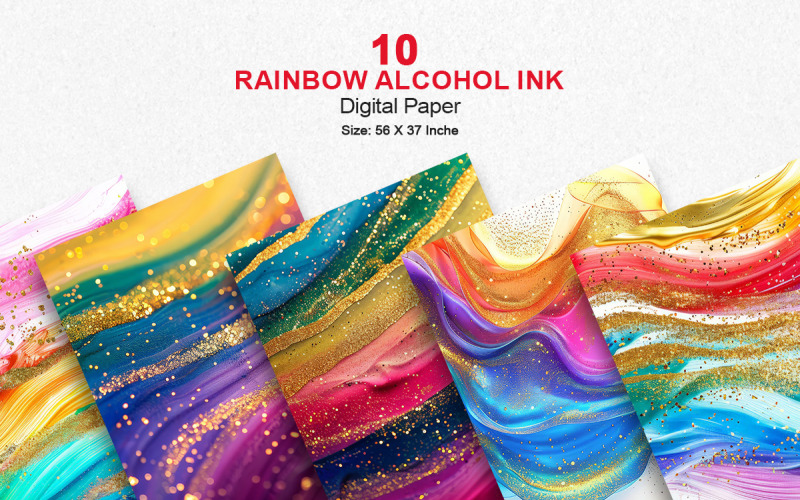 Colorful rainbow alcohol ink gold glitter line waves, abstract paint ...