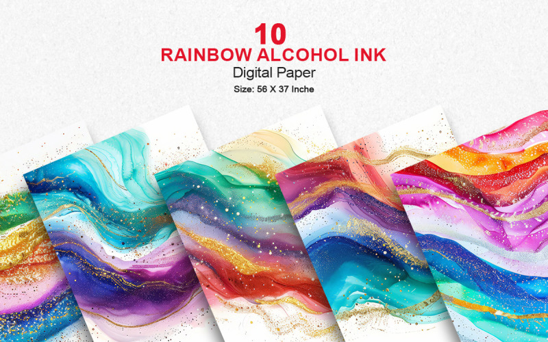 Watercolor rainbow gold glitter alcohol ink art brushstroke texture ...