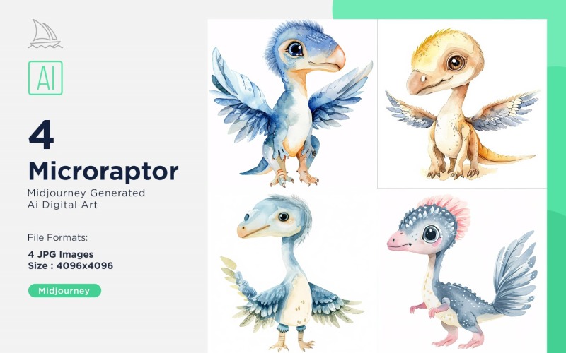 Microraptor Watercolor Dinosaur Cartoon Character 4_Set