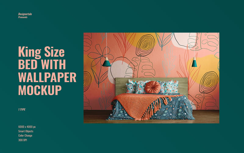 King Size Bed With Wallpaper Mockup #435949 - TemplateMonster
