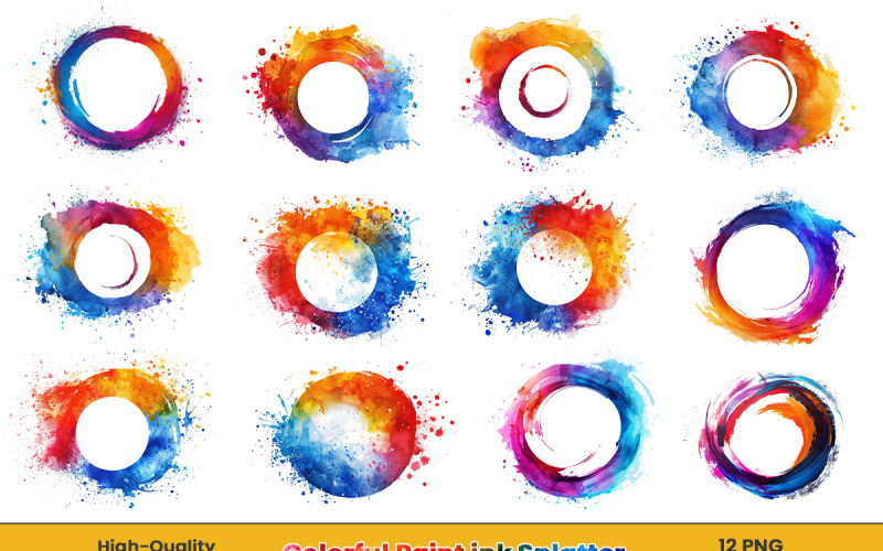 Watercolor ink paint splatter, rainbow splash circle frame png clipart set.