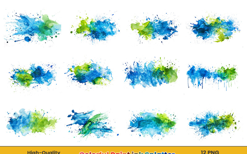 Watercolor ink splatter, multicolor painting splashes png background set.