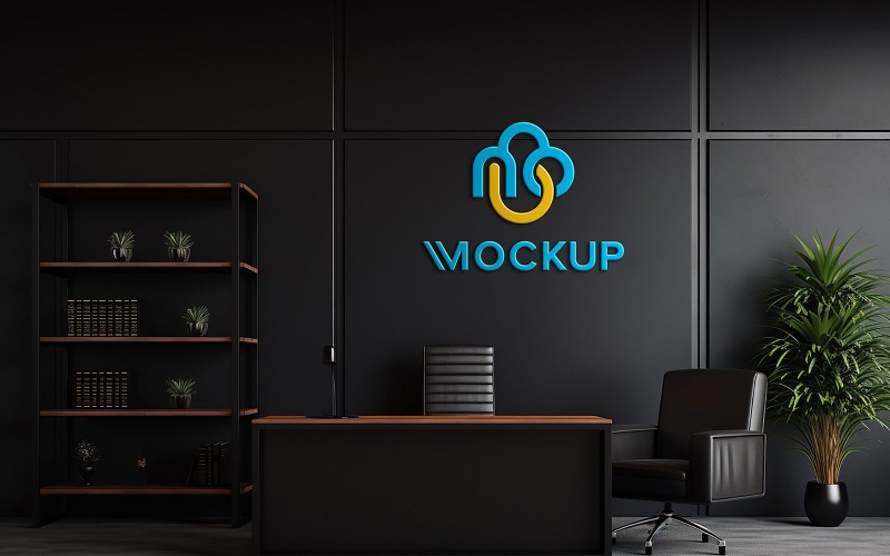 Black wall logo mockup with office manager room