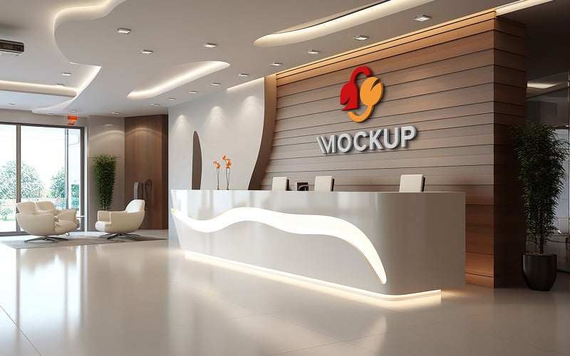 Interior office reception counter logo mockup on wooden wall