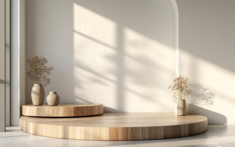 Podio de madera para presentación de productos estilo boho 15