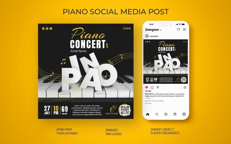 Piano Concert Social Media Template Dark - TemplateMonster