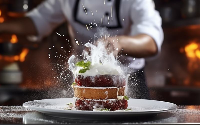 Chef cocinando postres en cocina profesional