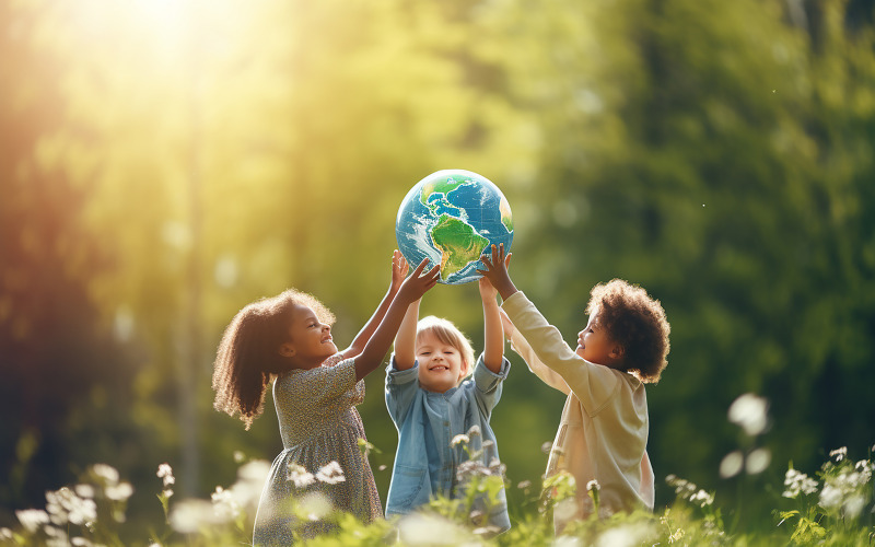 Group of children play with planet earth over