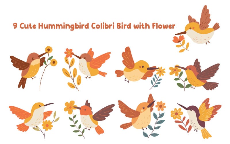 9 Cute Hummingbird Colibri Bird Flying with Flower