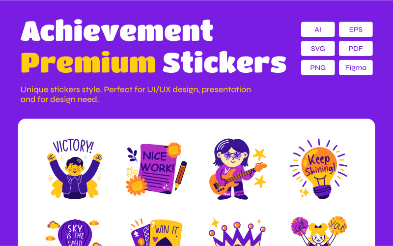 50 Achievement Stickers | Vector and PNG Formats