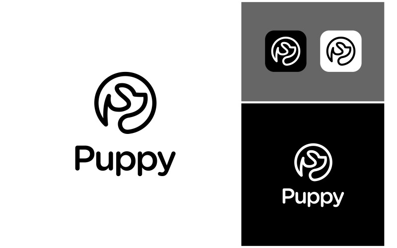 Logotipo de arte lineal circular con forma de cachorro