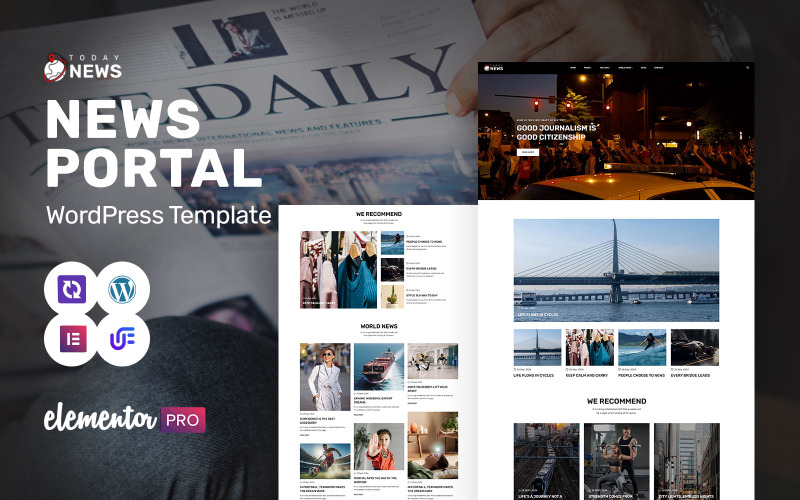 Today News - Portal de noticias y medios modernos Tema de WordPress Elementor