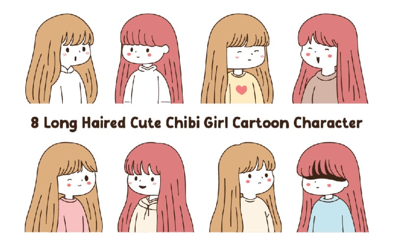 8 Long Haired Cute Chibi Girl Cartoon Character
