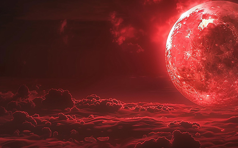 Real full blood moon in black sky with cloud
